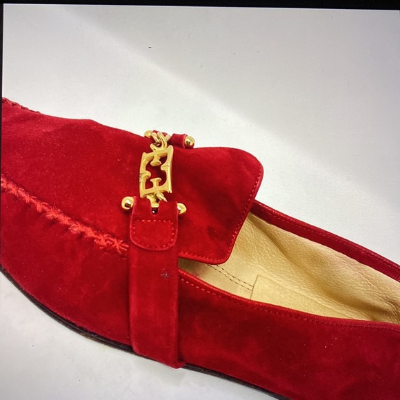 Escada | Shoes | Escada Vintage Gorgeous Red Suede Gold Logo Loafers ...